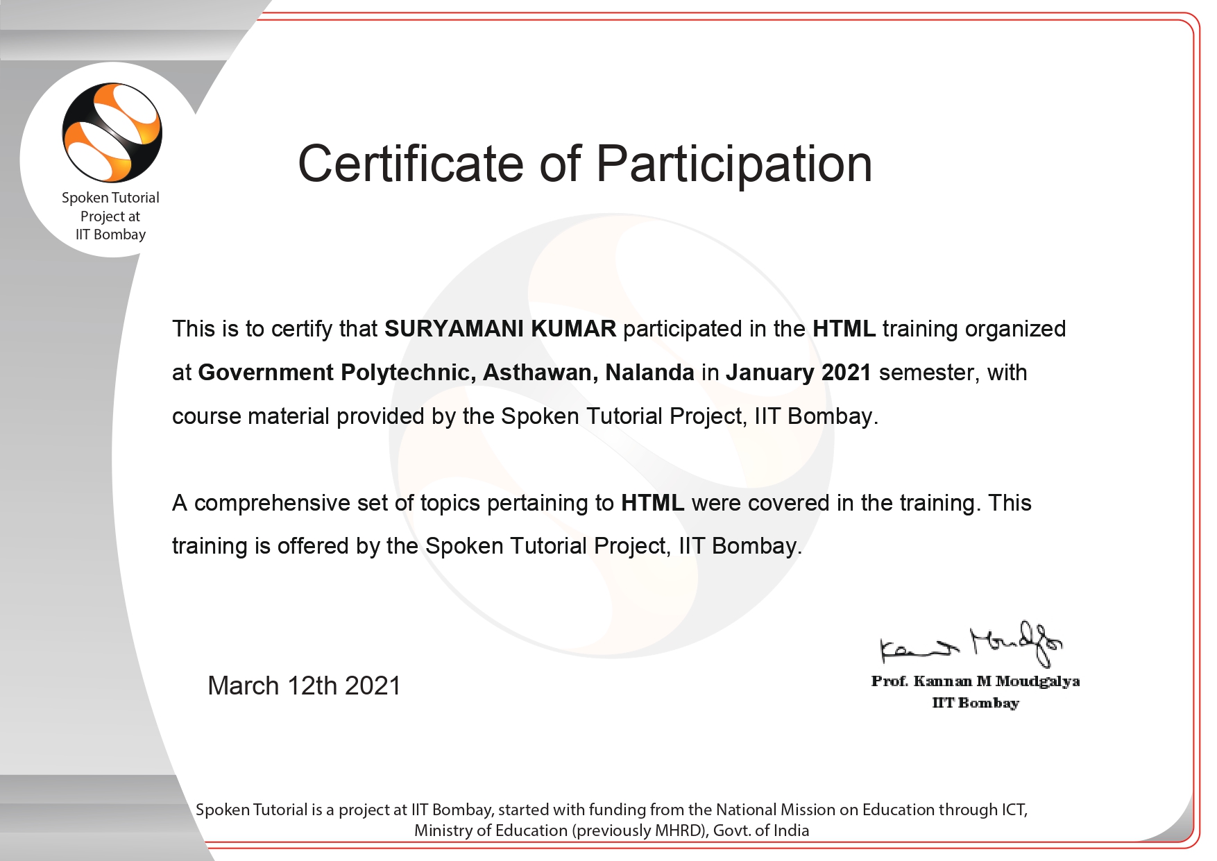 Sample Certificates By IIT Bombay Spoken Tutorial Newtum Sample Certificates By IIT Bombay Spoken Tutorial Newtum